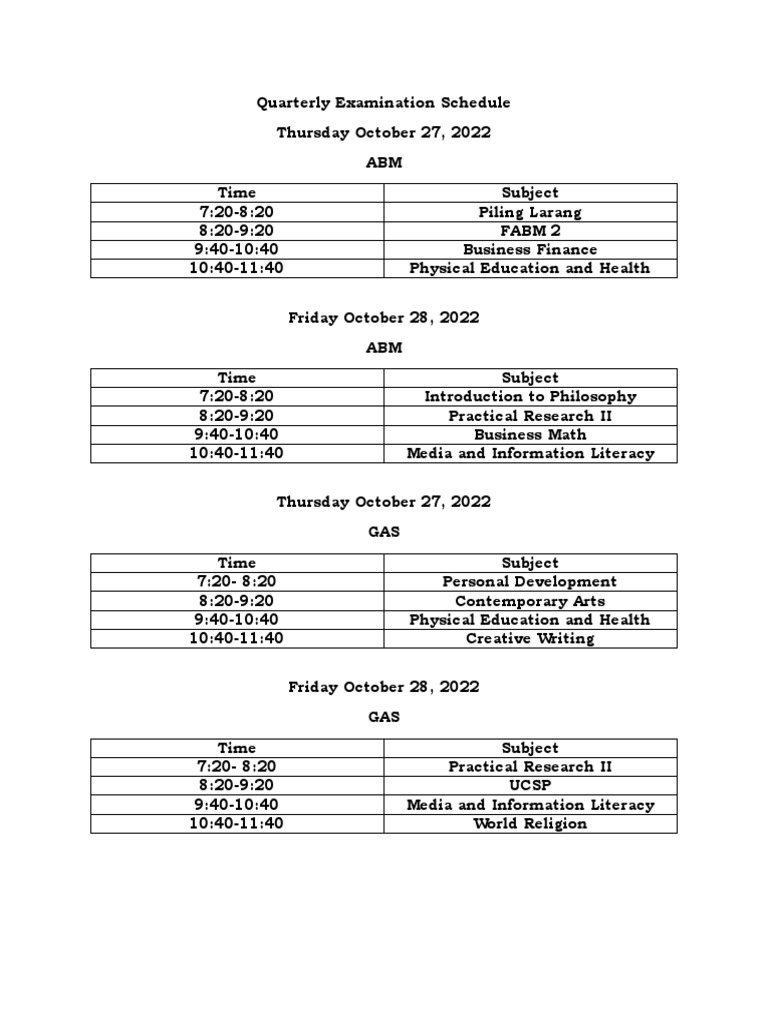 Quarterly Examination Schedule | PDF | Science