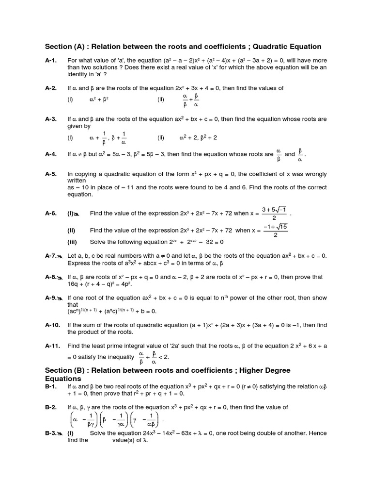 Section A Relation Between The Roots And Coefficients Quadratic