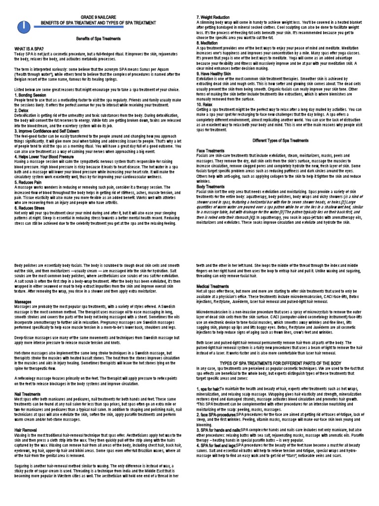 Benefits of Spa Treatment Types of Spa Treatment | PDF | Massage | Spa