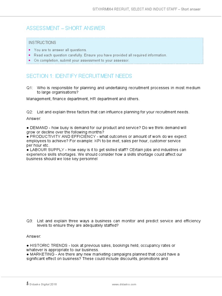 SITXHRM004 Assessment Short Answer | PDF | Recruitment | Résumé