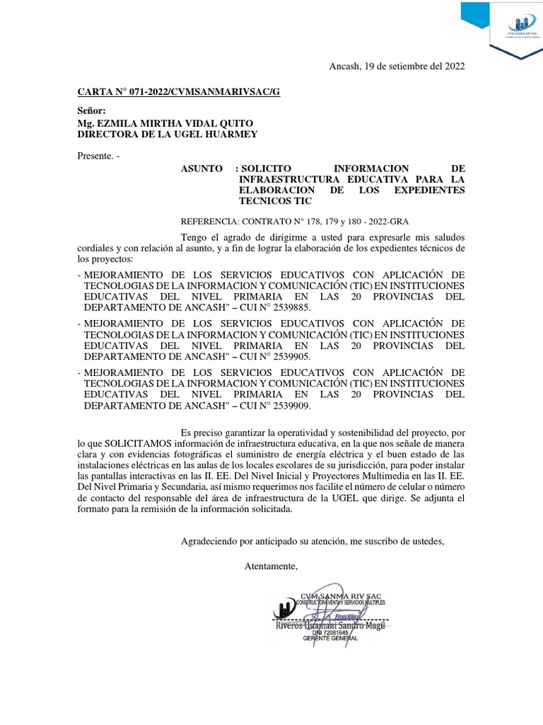 Carta para Las Ugel Huarmey - Infraestructura | PDF | Tecnología de información y comunicaciones