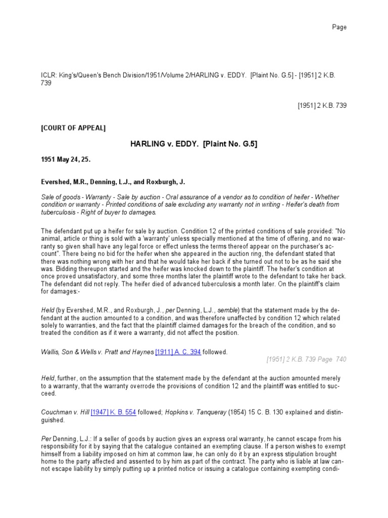 HARLING v. EDDY. (Plaint No. G.5) - (1951) | PDF | Damages | Breach Of ...