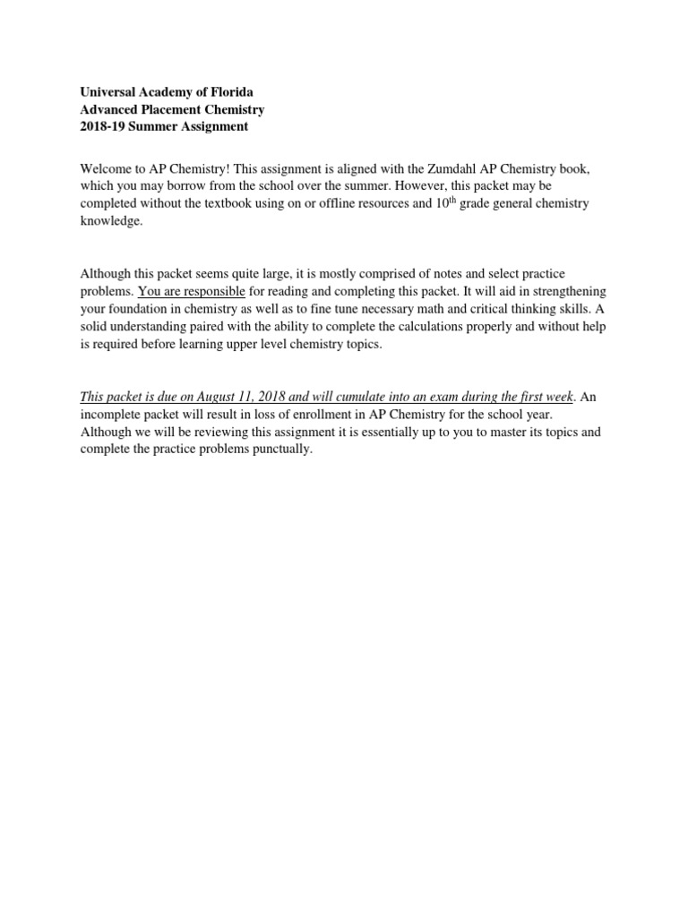 AP Chem Summer Assignment-2018-19 | PDF | Significant Figures | Atoms