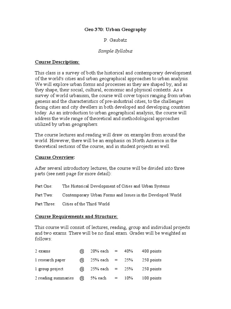 Syllabus Urban Geo | PDF | City | Test (Assessment)