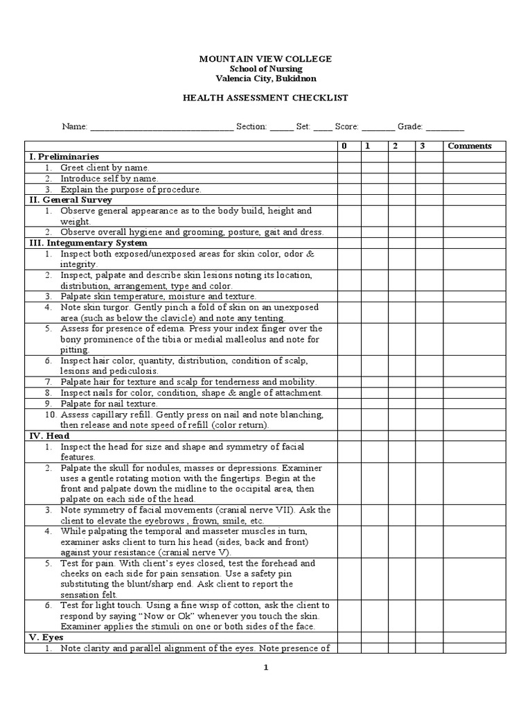 Health Assessment Checklist | PDF | Anatomical Terms Of Motion | Human Eye