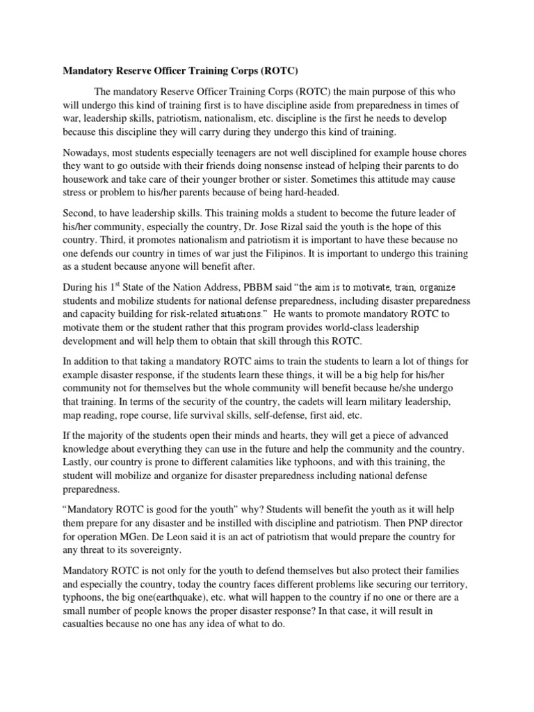 Opinion Essay - Mandatory ROTC | PDF | Reserve Officers' Training Corps ...