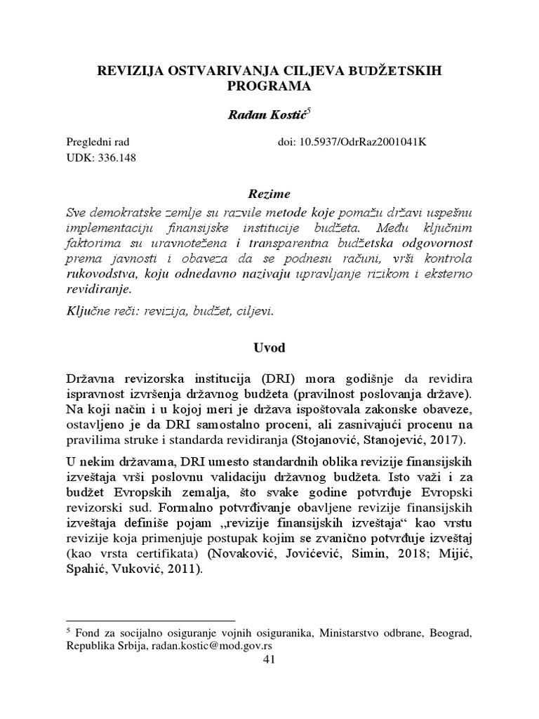 Revizija Ostvarivanja Ciljeva Budžetskih Programa: Radan Kostić | PDF