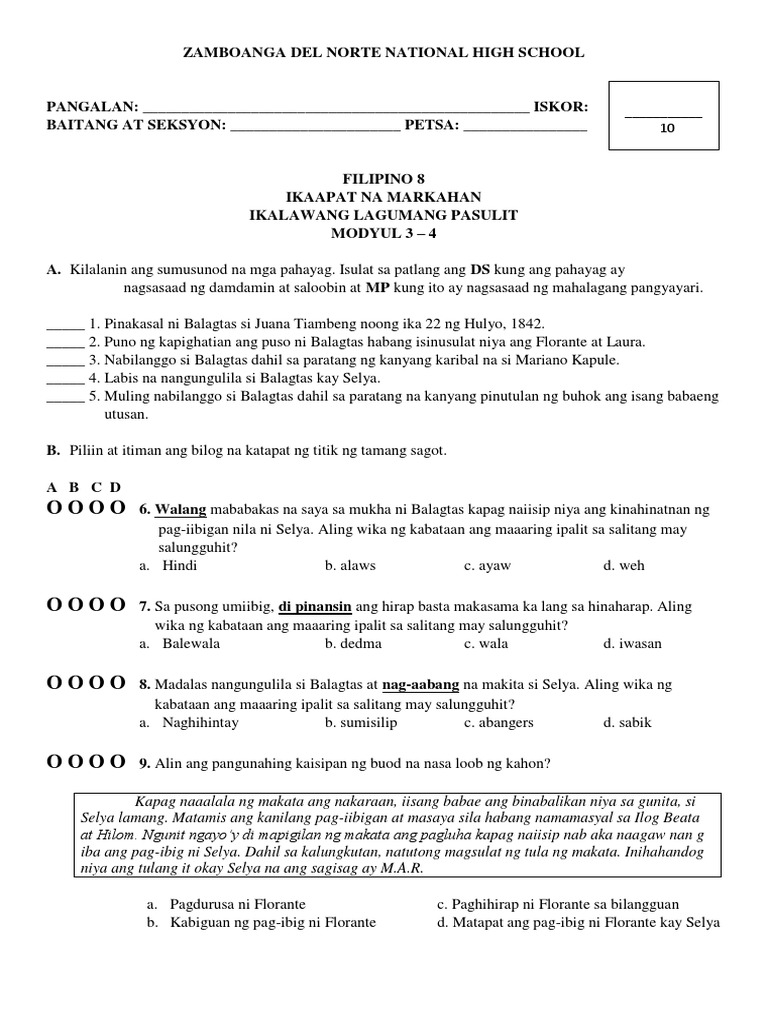 Fil8 Q4 Ikalawang-Lagumang-Pagsusulit | PDF Fil8 Q4 Ikalawang-Lagumang-Pagsusulit | PDF