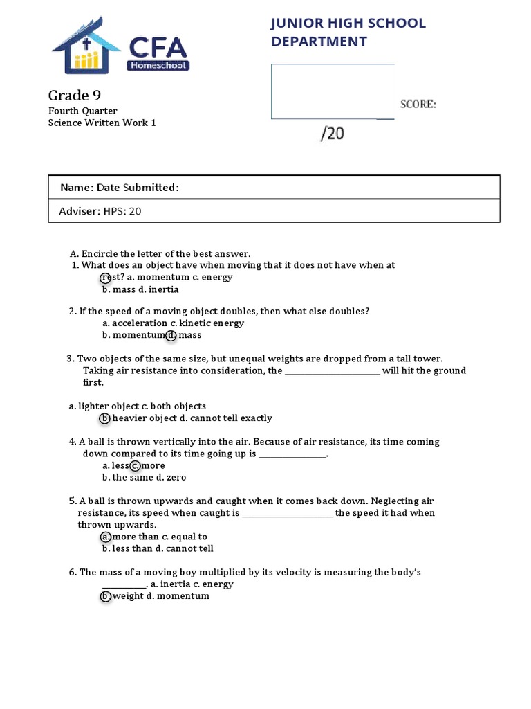G9 Q4 Science WW1 Answer | PDF | Momentum | Kinetic Energy