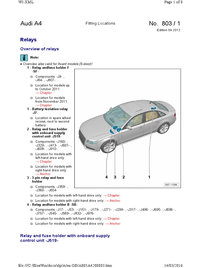 Audi A4 B8 Relay and Fuse Locations | PDF | Relay | Fuse (Electrical)