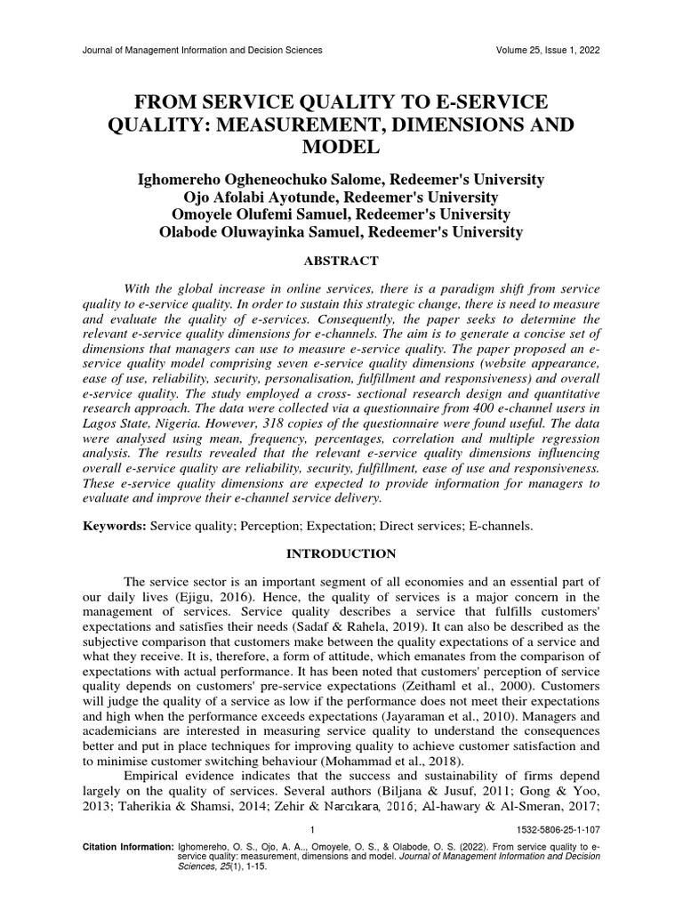 From Service Quality To e Service Quality Measurement Dimensions and ...