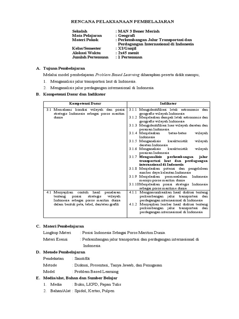 RPP Geografi Kelas Xi Model PBL | PDF