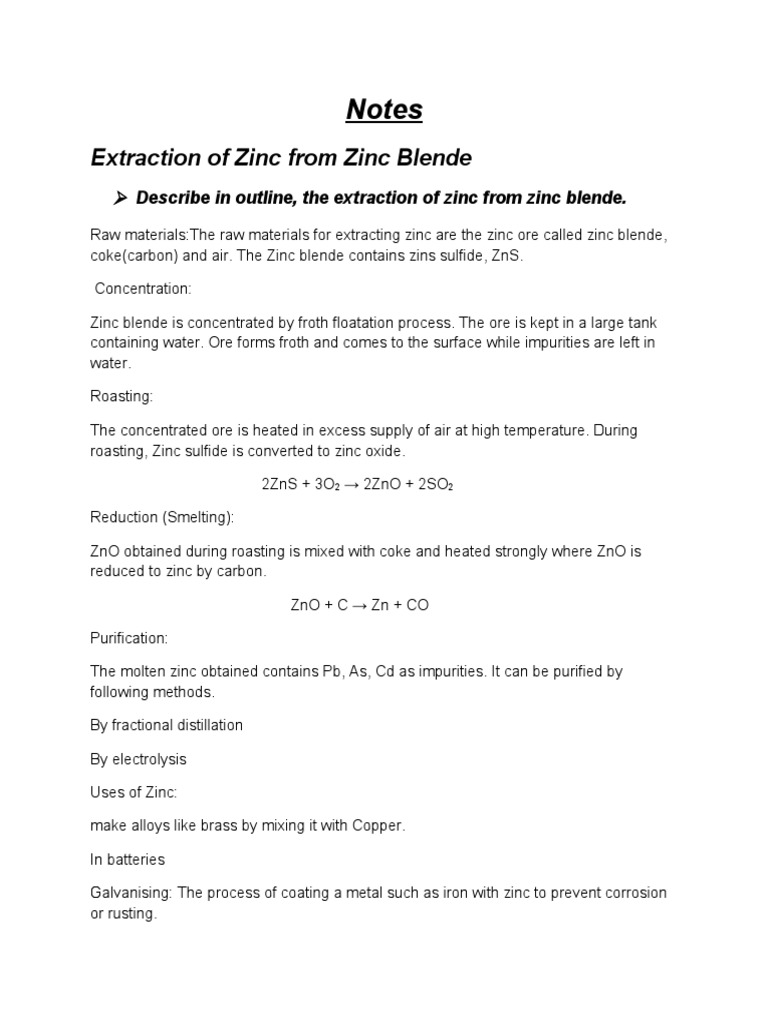 Zinc Extraction from Zinc Blende Process | PDF | Zinc | Iron