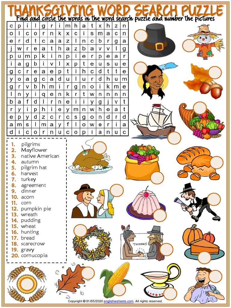 Thanksgiving Vocabulary Esl Word Search Puzzle Worksheet For Kids | PDF ...
