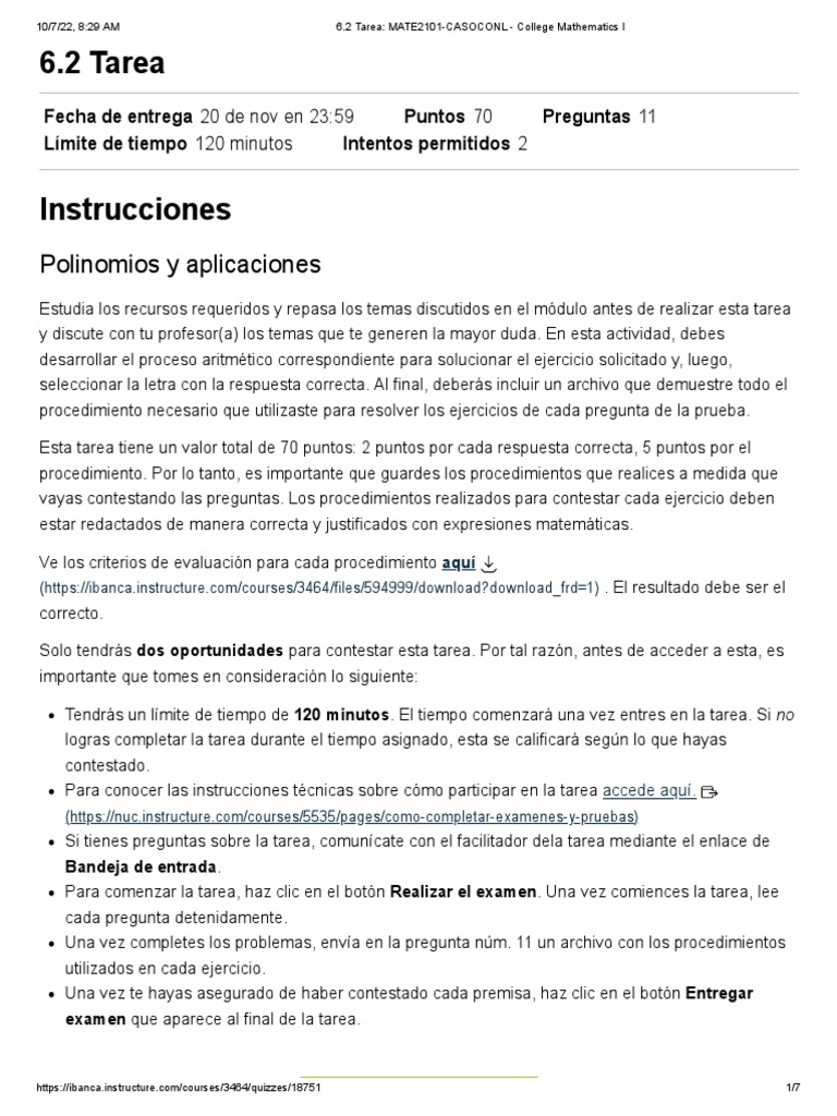 6.2 Tarea - MATE2101-CASOCONL - College Mathematics I | PDF | Prueba (evaluación) | Matemáticas