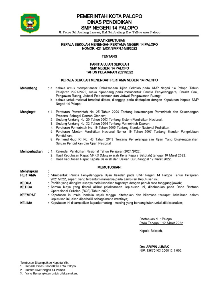 SK Ujian Sekolah Tahun 2022 | PDF