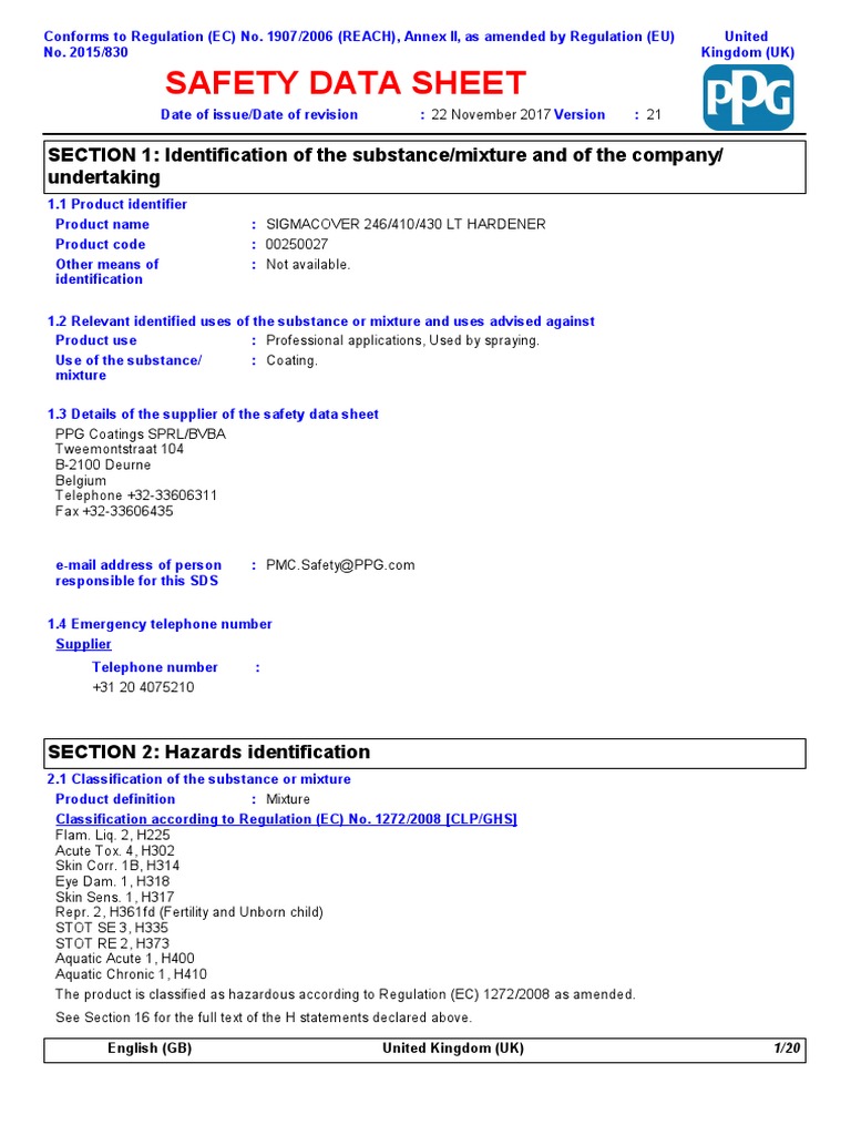 Safety Data Sheet for SIGMACOVER 246/410/430 LT HARDENER | PDF | Personal Protective Equipment ...
