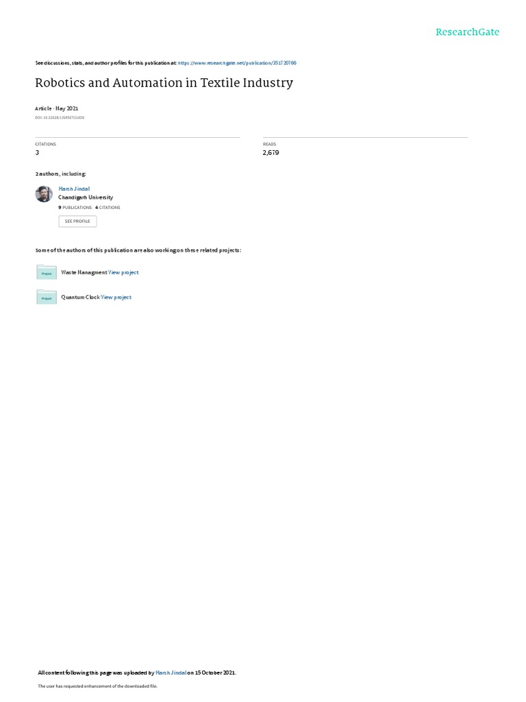 Robotics and Automation in Textile Indus | PDF | Sewing | Automation