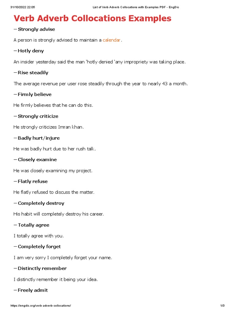 List of Verb Adverb Collocations With Examples PDF - EngDic | PDF
