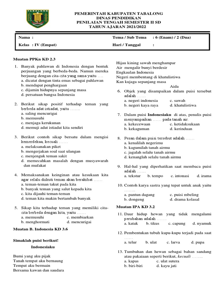 Soal Kelas 4 Tema 6 Subtema 2 | PDF