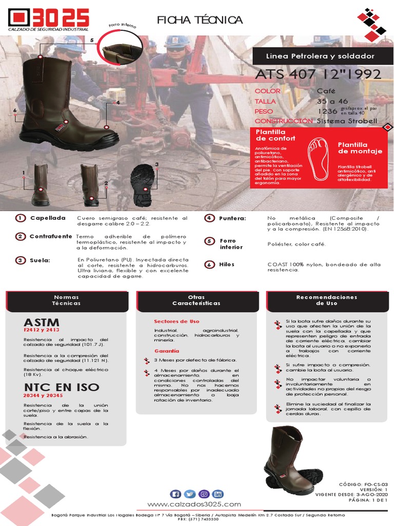 Ficha Tecnica - de Bota soldador-ATS-407 12-1992 Cormancol | PDF | Sustancias químicas | Materiales