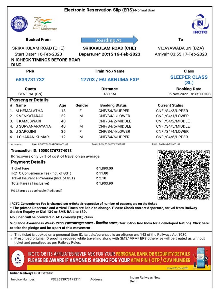 Falaknuma Exp Sleeper Class (SL) | PDF | Identity Document