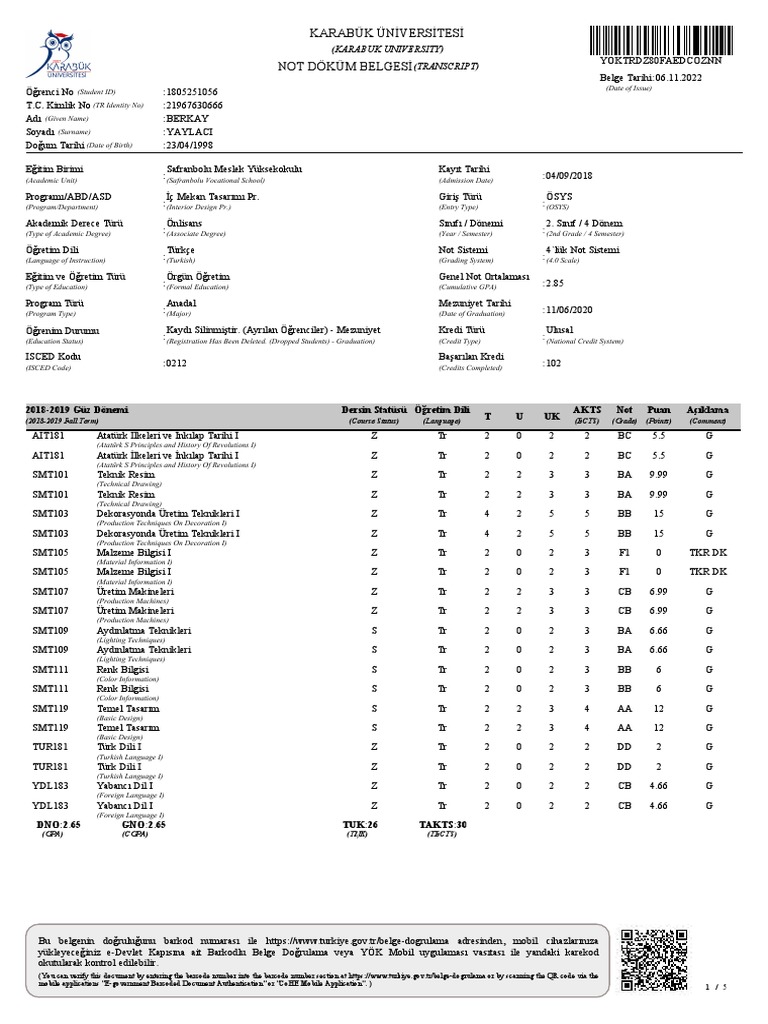 Yuksekogretim Kurulu Transkript Belgesi Sorgulama | PDF
