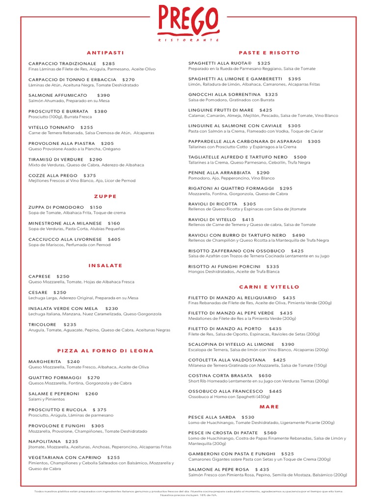 Menu+Prego Feb2022 | PDF | Salsa de tomate | Cocina italiana