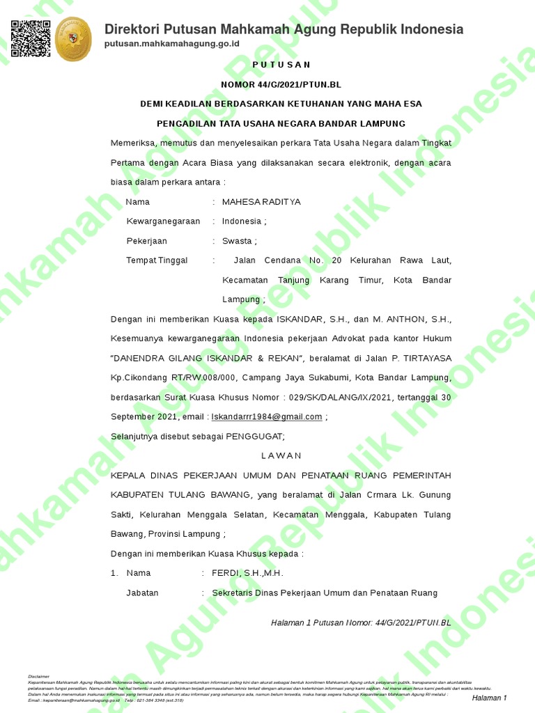 Putusan 44 G 2021 Ptun - BL 20221011063330 | PDF