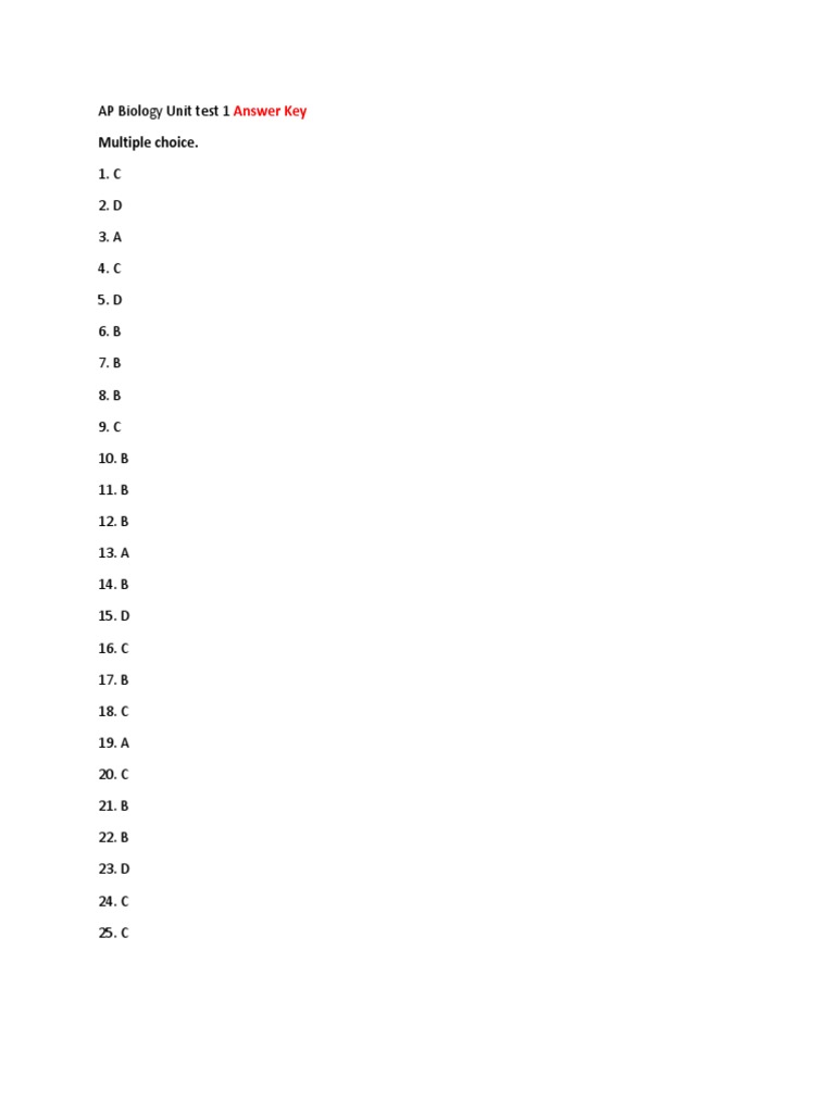 AP Biology Unit Test 1 Answer Key - Tamar Kassabian | PDF
