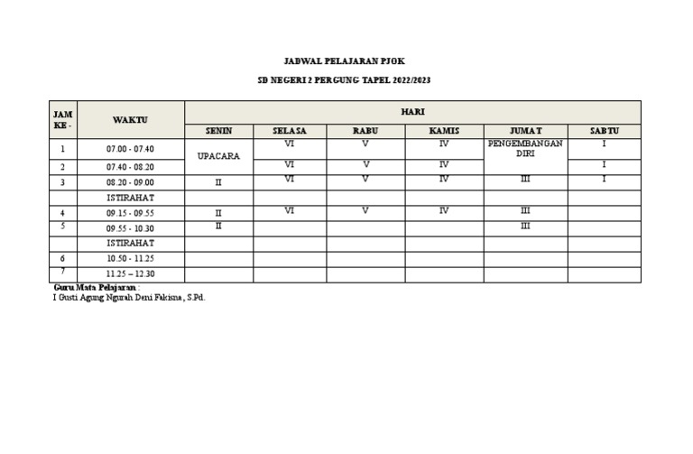 Jadwal Mapel Pjok 2022-2023 | PDF