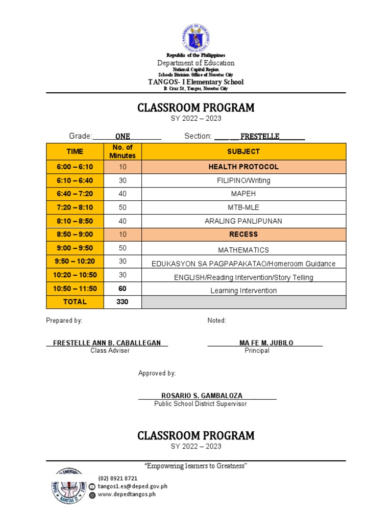 Grade1 - Classroom Program - Sy 2022 2023 | PDF | Schools | Educational ...