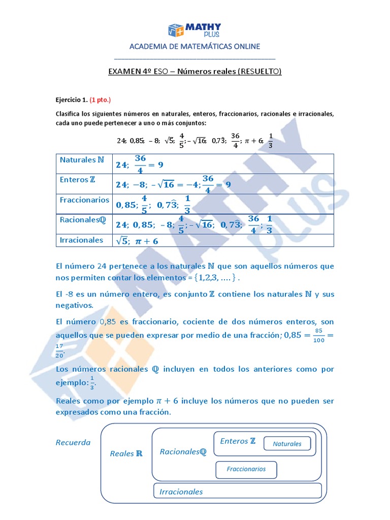 Examen Resuelto Matemáticas 4º ESO - Números Reales | Descargar gratis PDF | Número racional ...