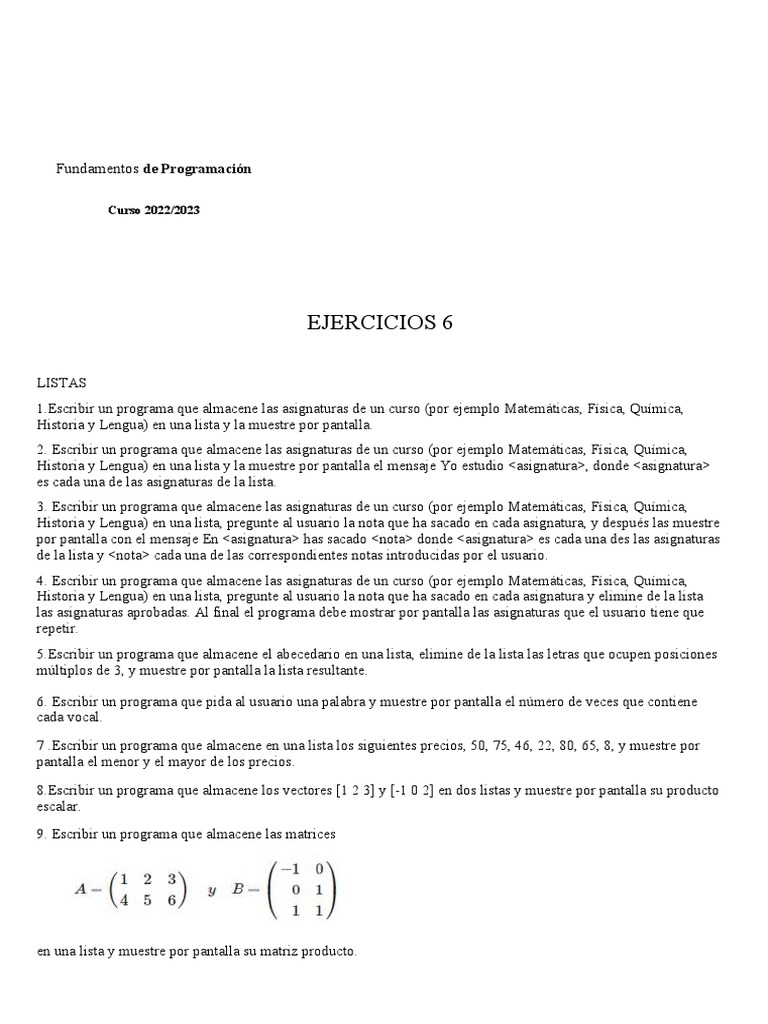 Ejercicios 6 - Listas | PDF Ejercicios 6 - Listas | PDF