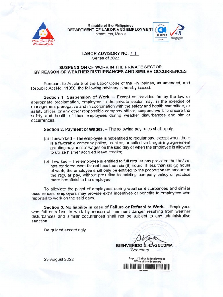 Labor Advisory No. 17 22 Corrected Number Suspension of Work in The ...