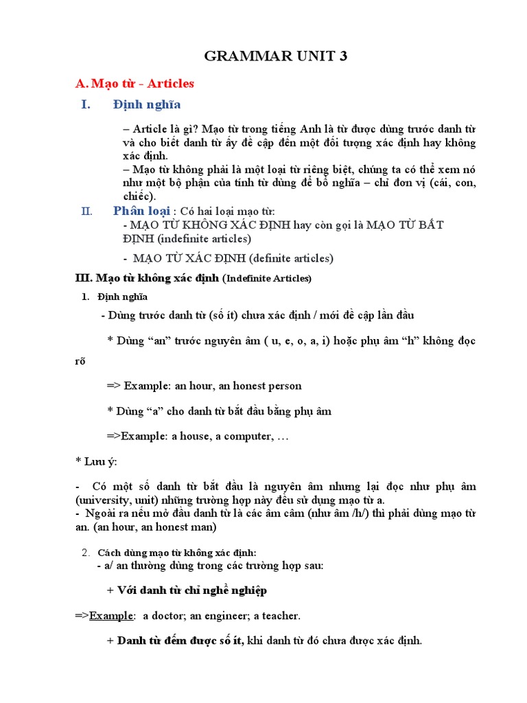 Grammar Unit 3: I. Định nghĩa | PDF