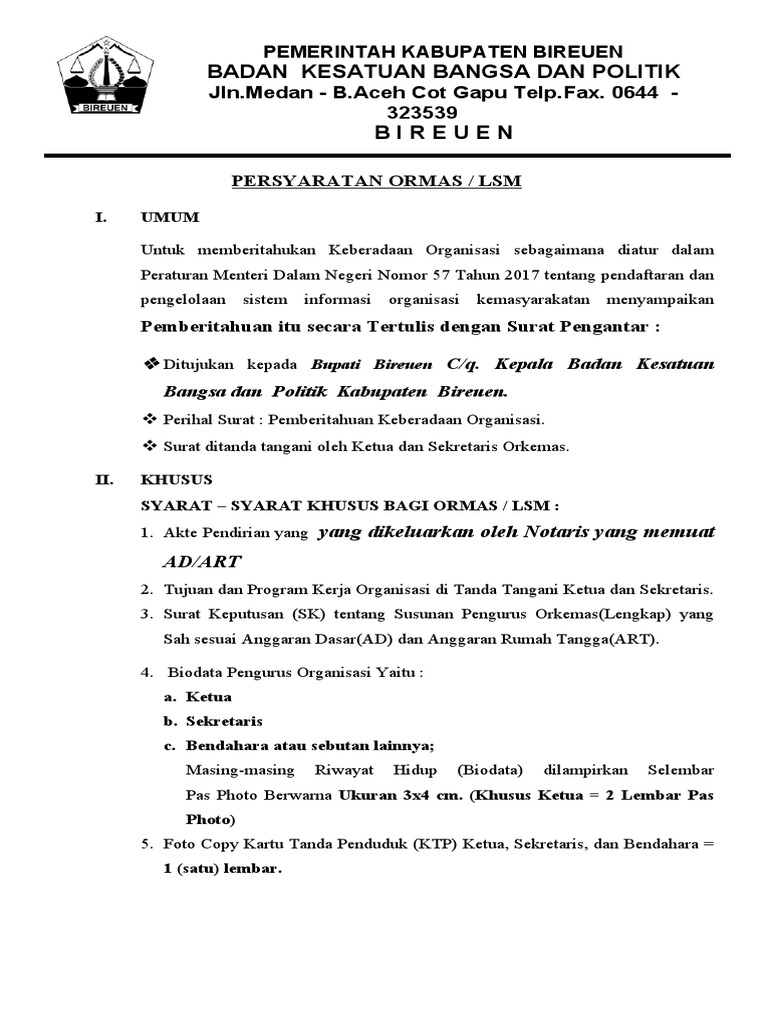 Syarat LSM - Ormas | PDF