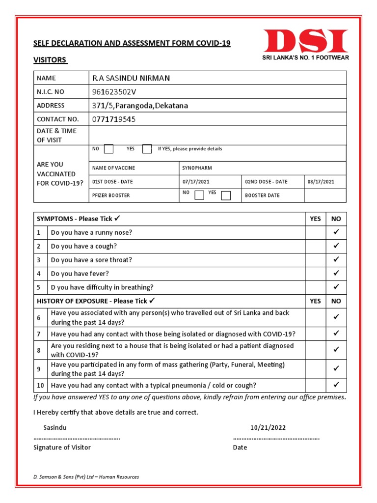 COVID-19 Visitor Self-Declaration Form | PDF | Epidemiology | Clinical ...