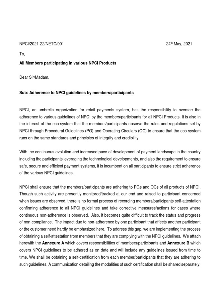 NPCI Guidelines Compliance Process | PDF | Regulatory Compliance ...