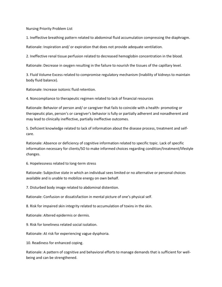 Nursing Priority Problem List | Medical Specialties | Clinical Medicine