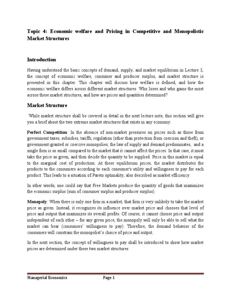 Lecture Note 3 Economic Welfare and Pricing in Competitive and Monopolistic Structures | PDF ...