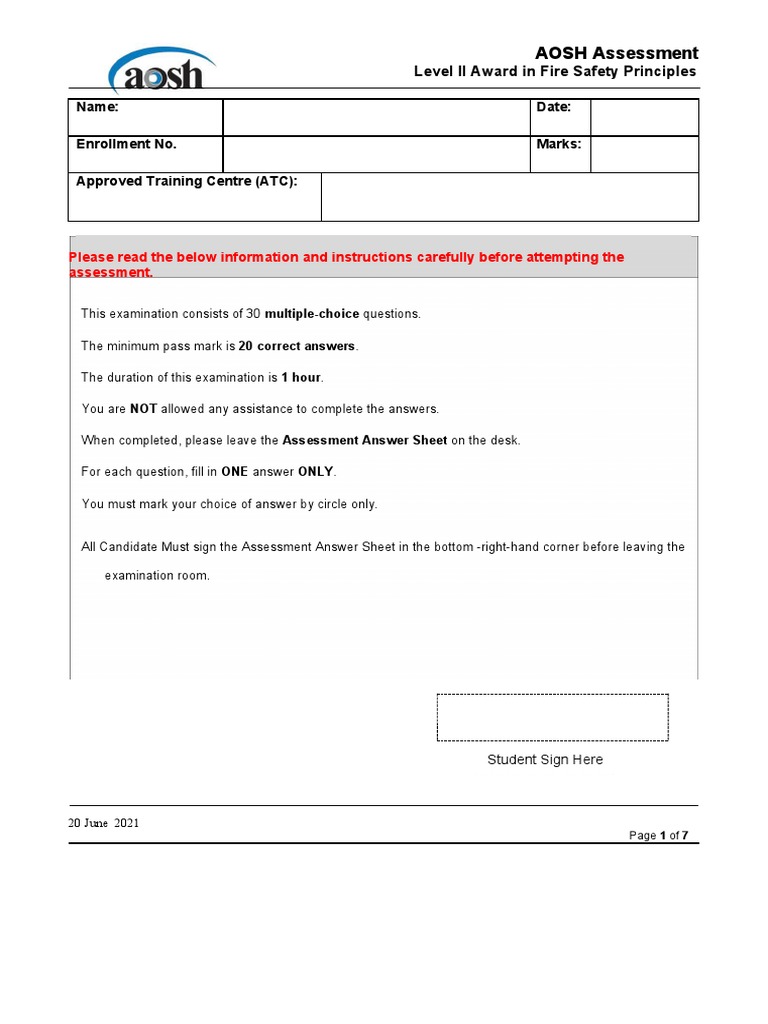 Aosh Assessment Question | PDF | Fires | Fire Safety