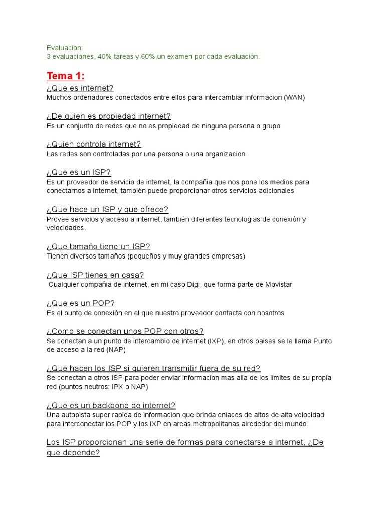 Tema 1:: Evaluacion: 3 Evaluaciones, 40% Tareas y 60% Un Examen Por Cada Evaluación | PDF | Red ...