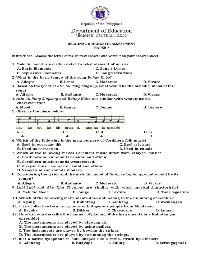 MAPEH 7 Regional Diagnostic Test | PDF | Physical Fitness | Foods
