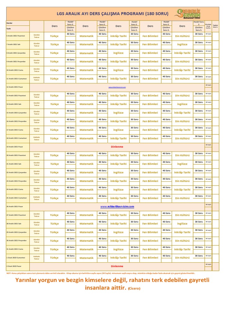 Aralik Ayi Ders Calisma Programi 180 Soru | PDF
