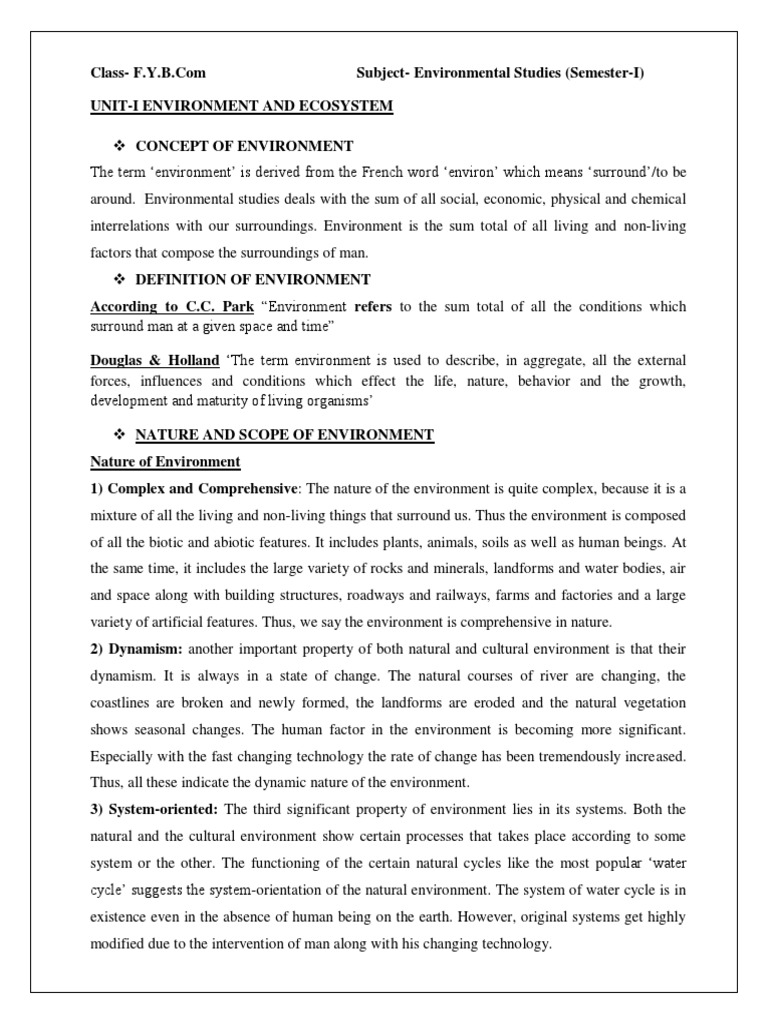 UNIT-I (Sem-I) EVS - Environment & Ecosystem | PDF | Natural ...