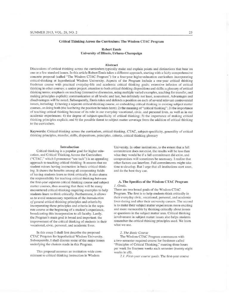 Critical-Thinking-Across-the-Curriculum-the Wisdom Ctac Program | PDF