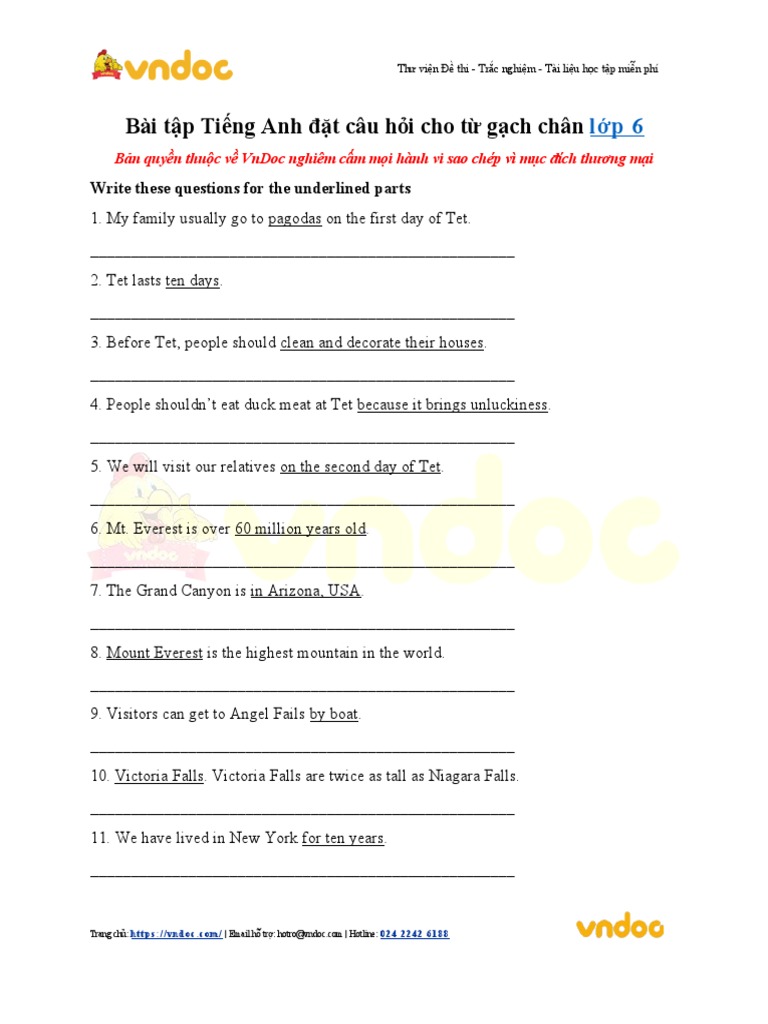 Bai Tap Tieng Anh Dat Cau Hoi Cho Tu Gach Chan Lop 6 | PDF