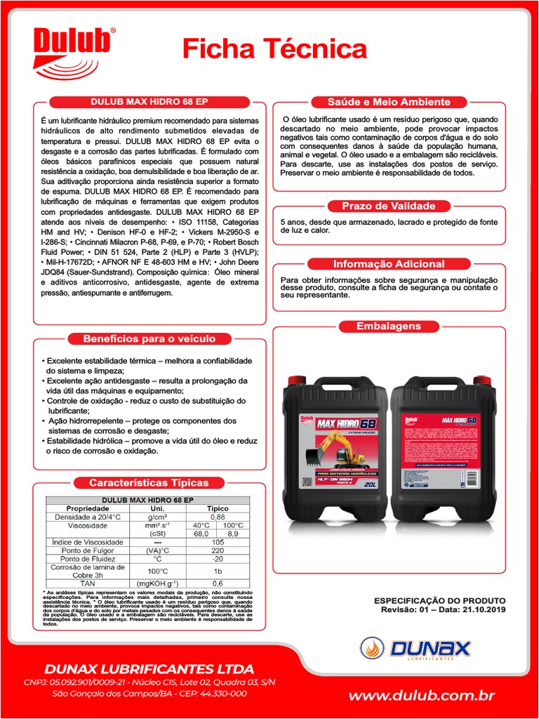 Ficha Técnica - Dulub Max Hidro 68 Ep (1) | PDF