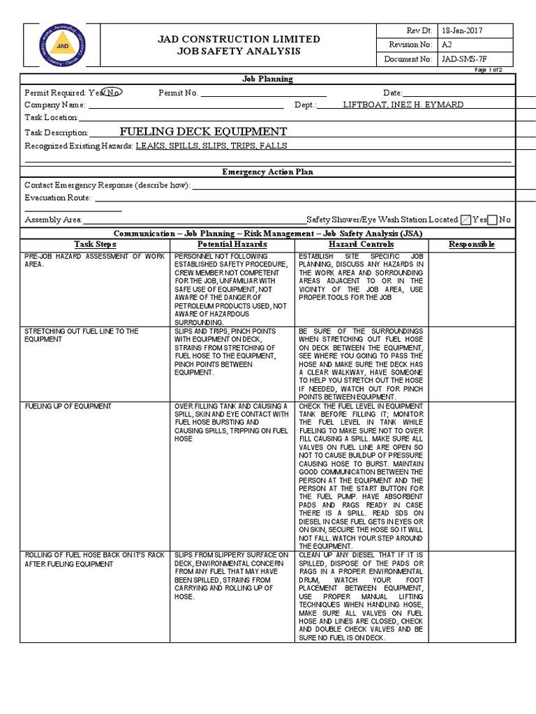 Jsa Fueling Equipment On Deck | PDF | Safety | Occupational Safety And ...